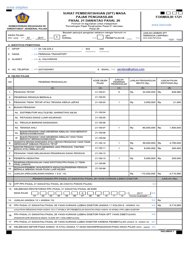 SPT Masa PPh Pasal 21-26 (1721 Induk) | PDF