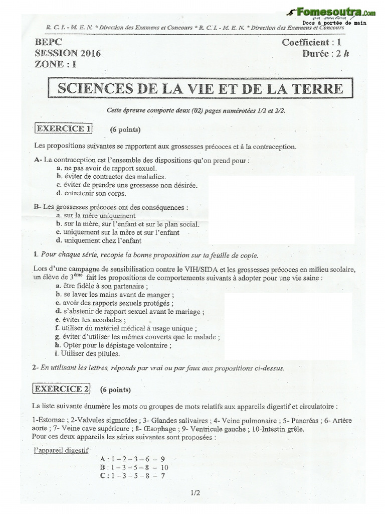 612b483d76dc3sujet Corrige Et Bareme SVT Bepc 2016 Zone 1 | PDF