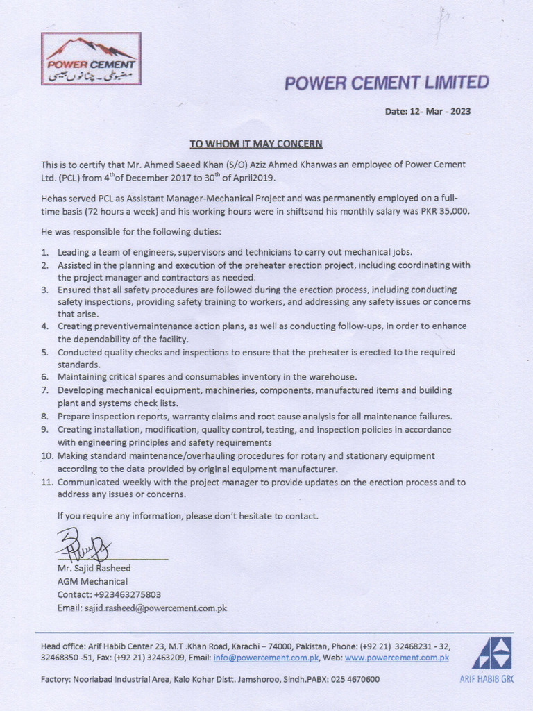 Power Cement Experience Letter | PDF