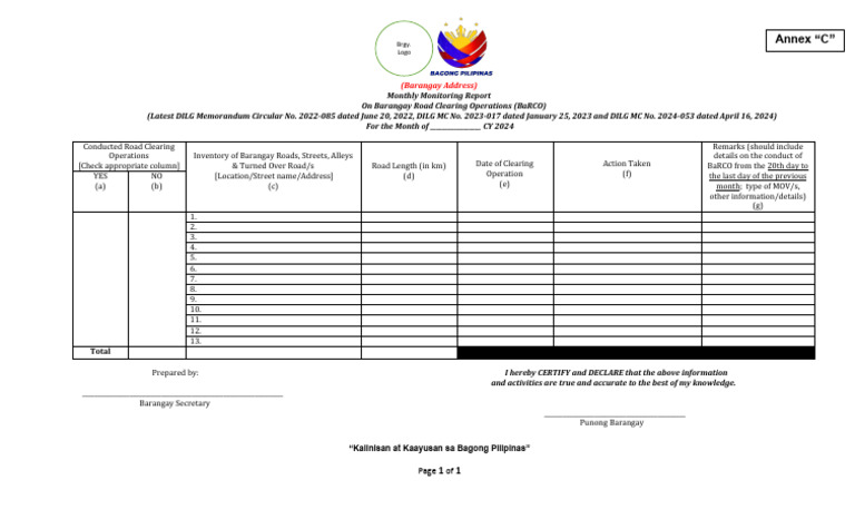 Monthly Barangay Road Clearing Report | PDF