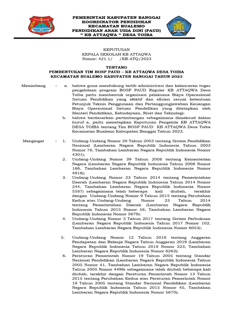 Pembentukan Tim BOSP PAUD 2023 Toiba | PDF
