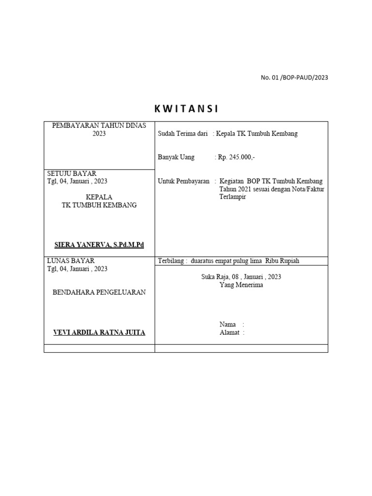 Dokumen SPJ Bop 2022 Kwitansi 2023 | PDF