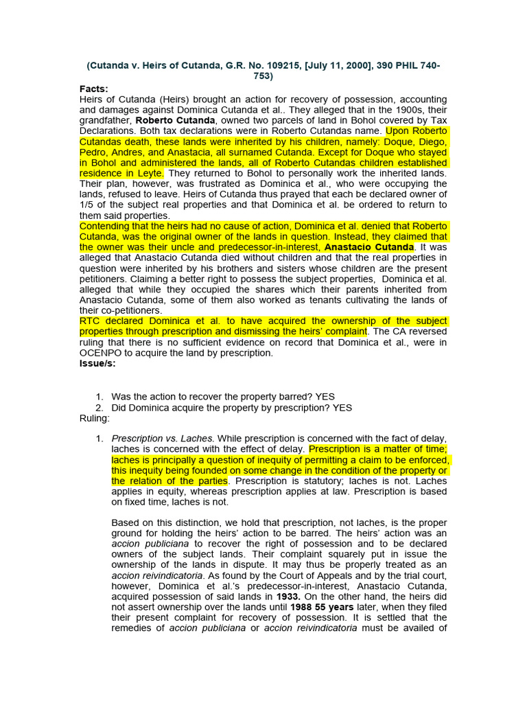 Cutanda v. Heirs of Cutanda | PDF | Laches (Equity) | Adverse Possession