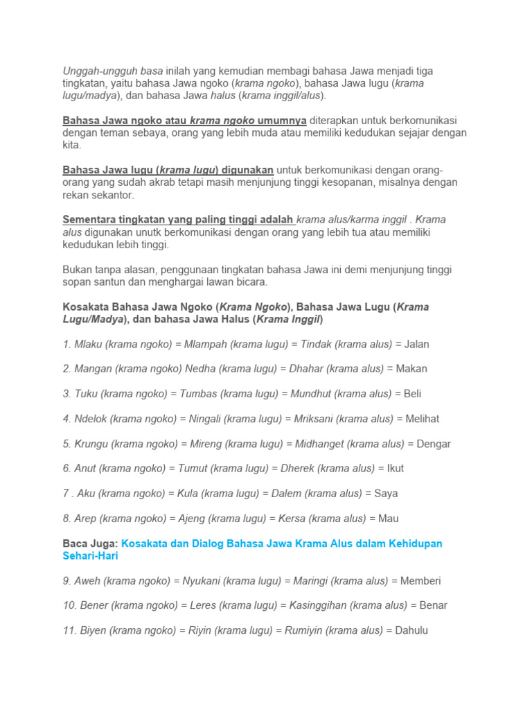 Tingkatan Bahasa Jawa: Ngoko, Lugu, Alus | PDF