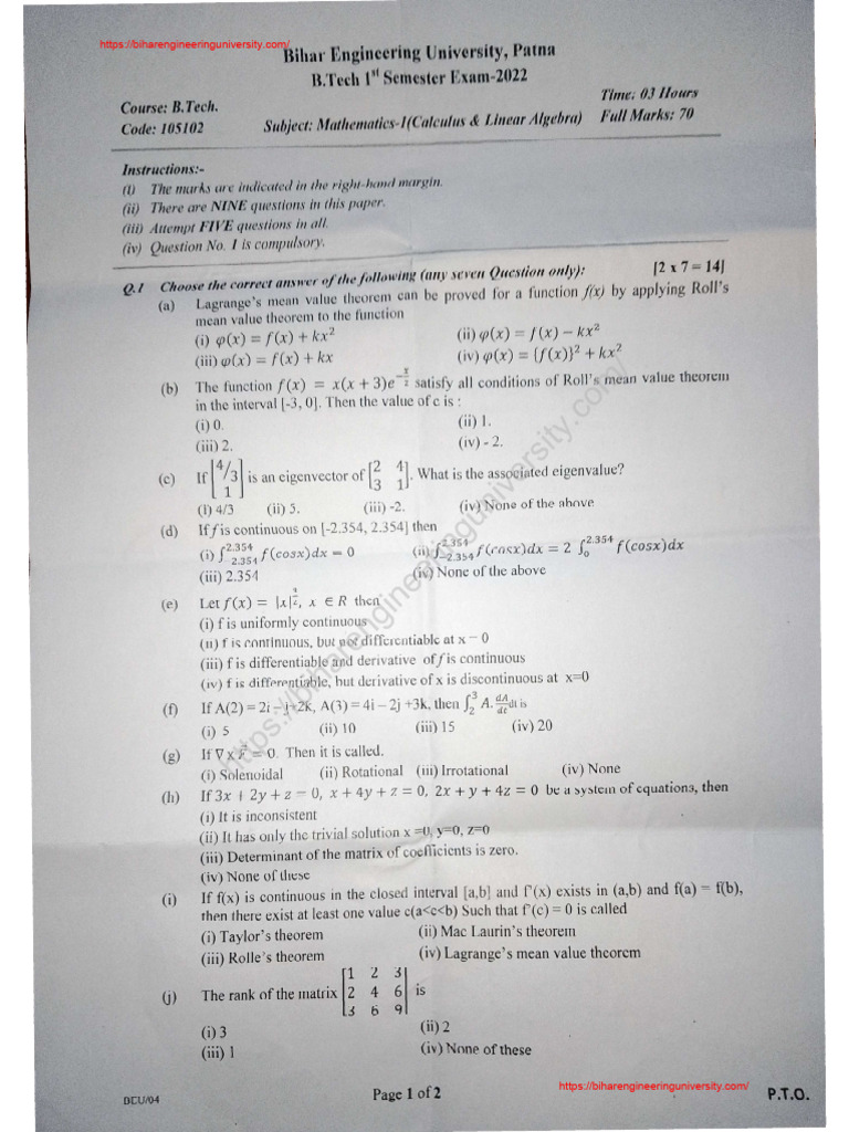 BEU-1-sem-mathematics (Calculus Linear Algebra) - 105102-2022 | PDF