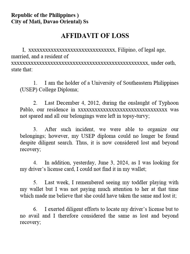 Affidavit of Loss Sample 2 | PDF | Social Science