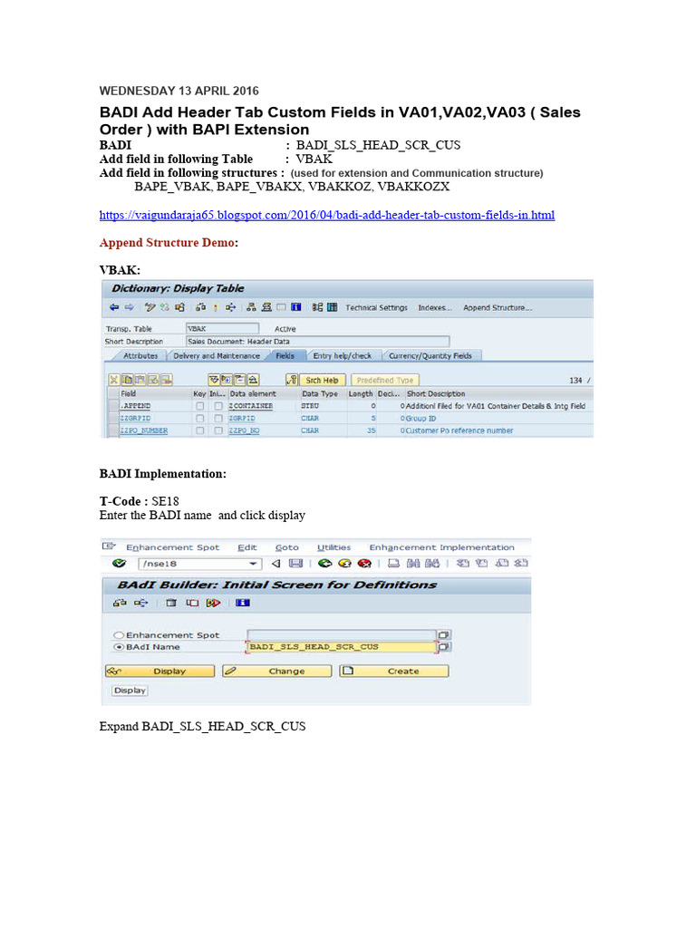 BADI Add Header Tab Custom Fields in VA01, VA02, VA03 (Sales Order) With BAPI Extension | PDF ...