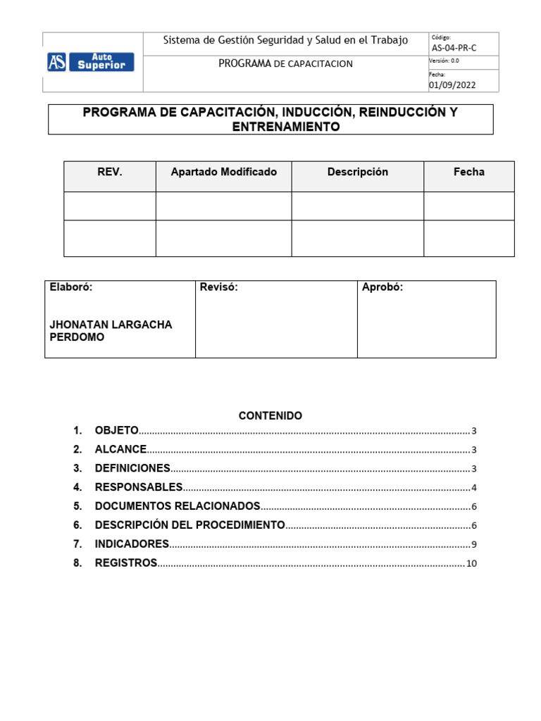 BS-04-PR-C Procedimiento de Capacitación, Induccion, Reinduccion y Entrenamiento | PDF | Valores ...