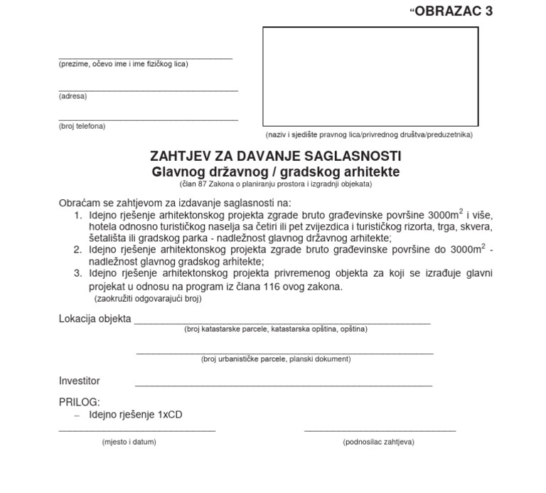 Obrazac 3 Zahtjev Za Davanje Saglasnosti Glavnog Drzavnog Gradskog ...