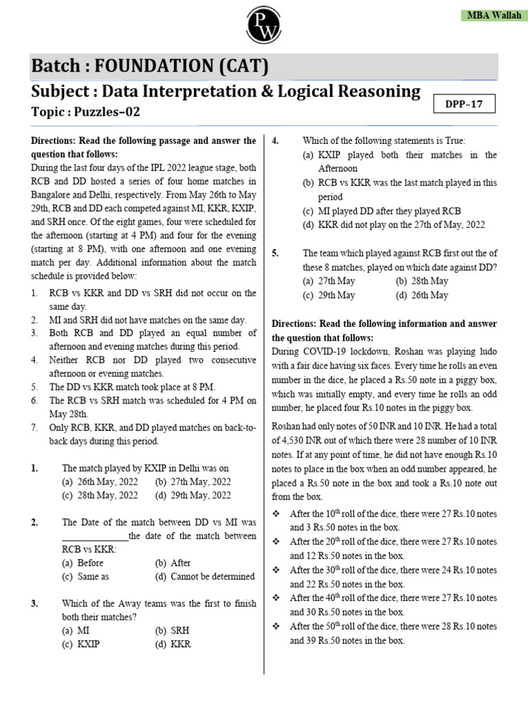 641994e8ea337800187fb6da ## DPP 17 Puzzles-2 LRDI Foundation CAT | PDF | Cricket Competitions