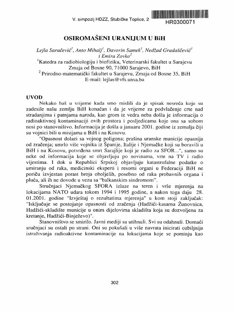 Osiromašeni Uranijum U Bih: Lejla Saračević, Anto Mihalj, Davorin Samek ...