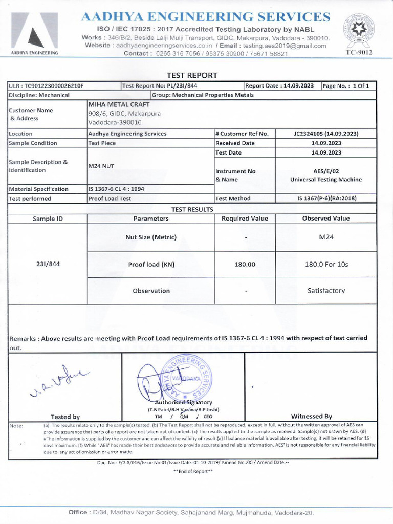Proof Load Test M24 Nut | PDF
