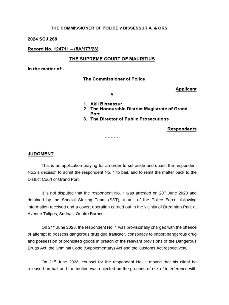 Commissioner Police V Bissessur Ors 2024 SCJ 268 | PDF | Bail | Prosecutor