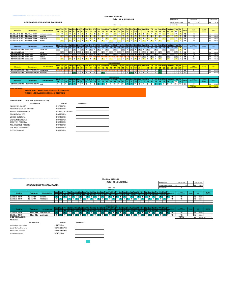 Escala VNR - Maio - 2024 | PDF | Férias trabalhistas | Afastamento