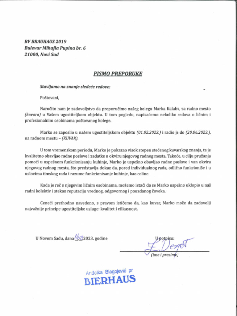 Pismo Preporuke Brauhaus | PDF