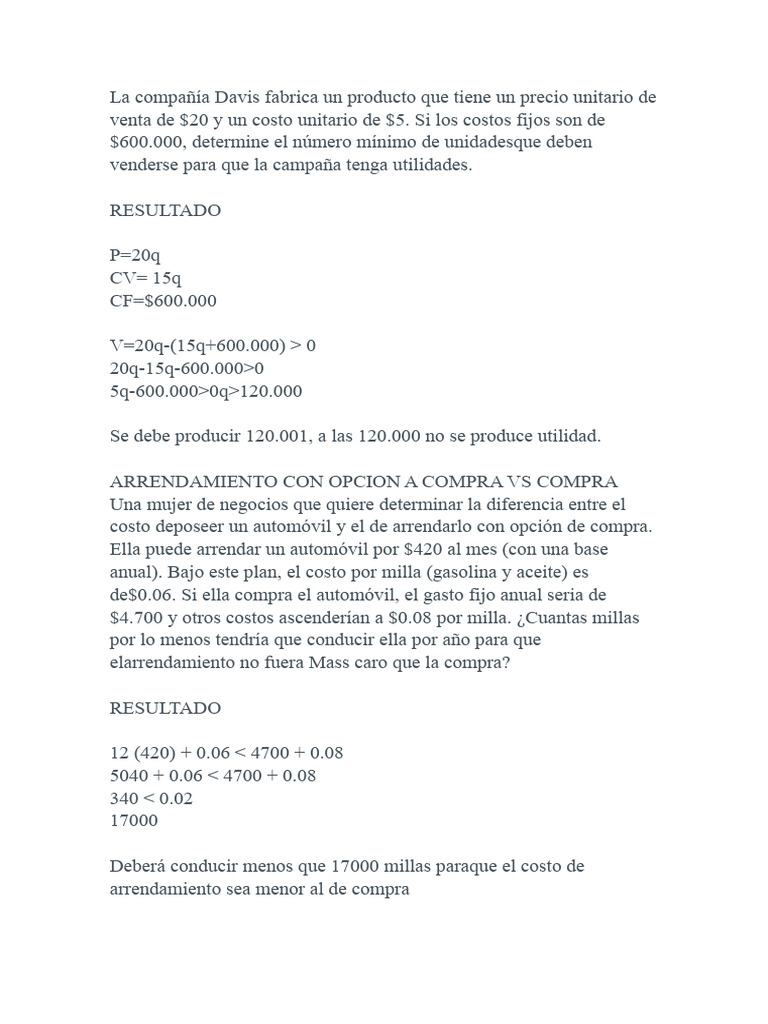 La Compañía Davis Fabrica Un Producto Que Tiene Un Precio Unitario de Venta de Ejercicios ...