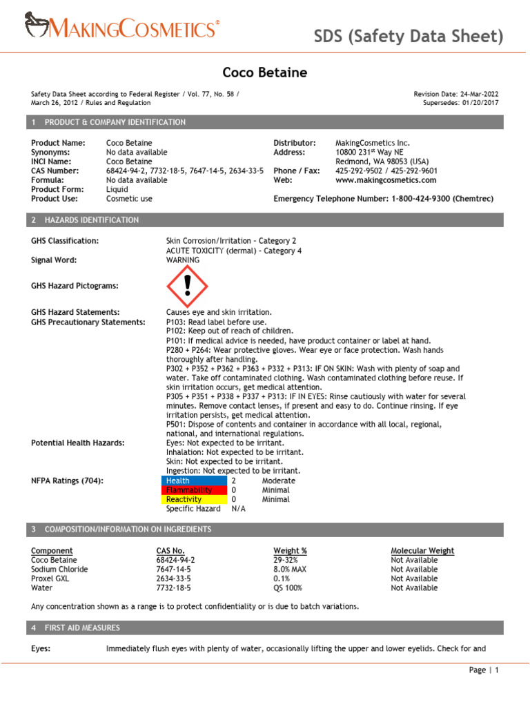 Sds Coco Betaine | PDF | Toxicity | Water