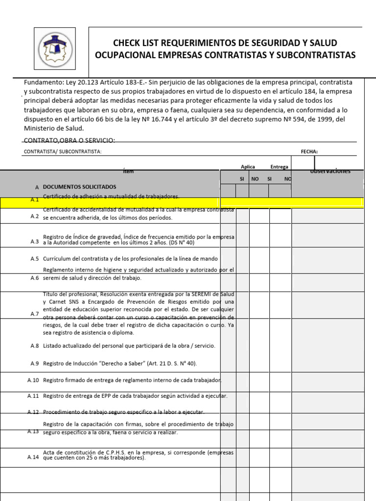 Check List Requerimientos de Seguridad Y Salud Ocupacional Empresas Contratistas Y ...