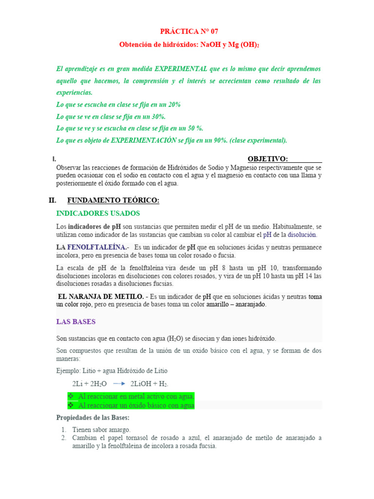PRÁCTICA N ° 07 Obtencion de Hidroxidos de Sodio y Magnesio OKKK | PDF | Hidróxido | Ph