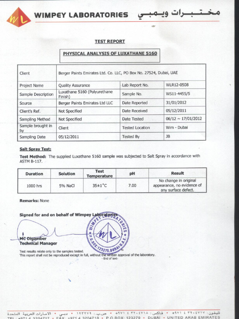Certificate-Wim-Salt Spray-Luxathane 5160 | PDF