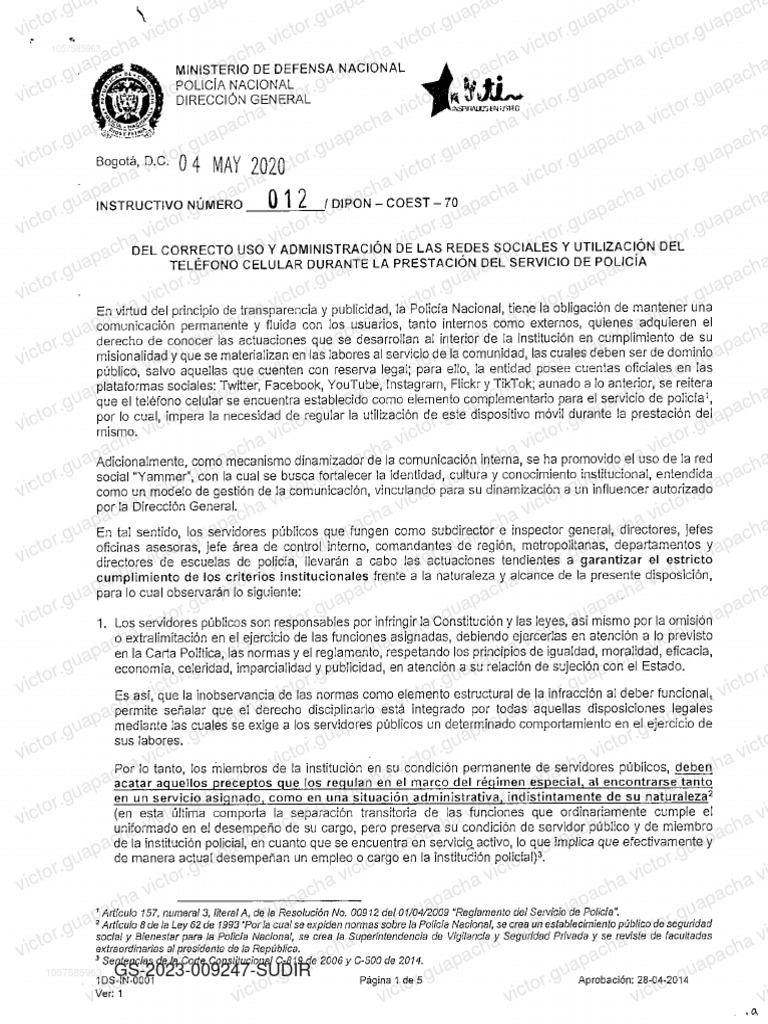 INSTRUCTIVO No 012 DIPON COEST EL CORRECTO USO Y LA ADMINISTRACION DE LAS REDES SOCIALES Y LA ...