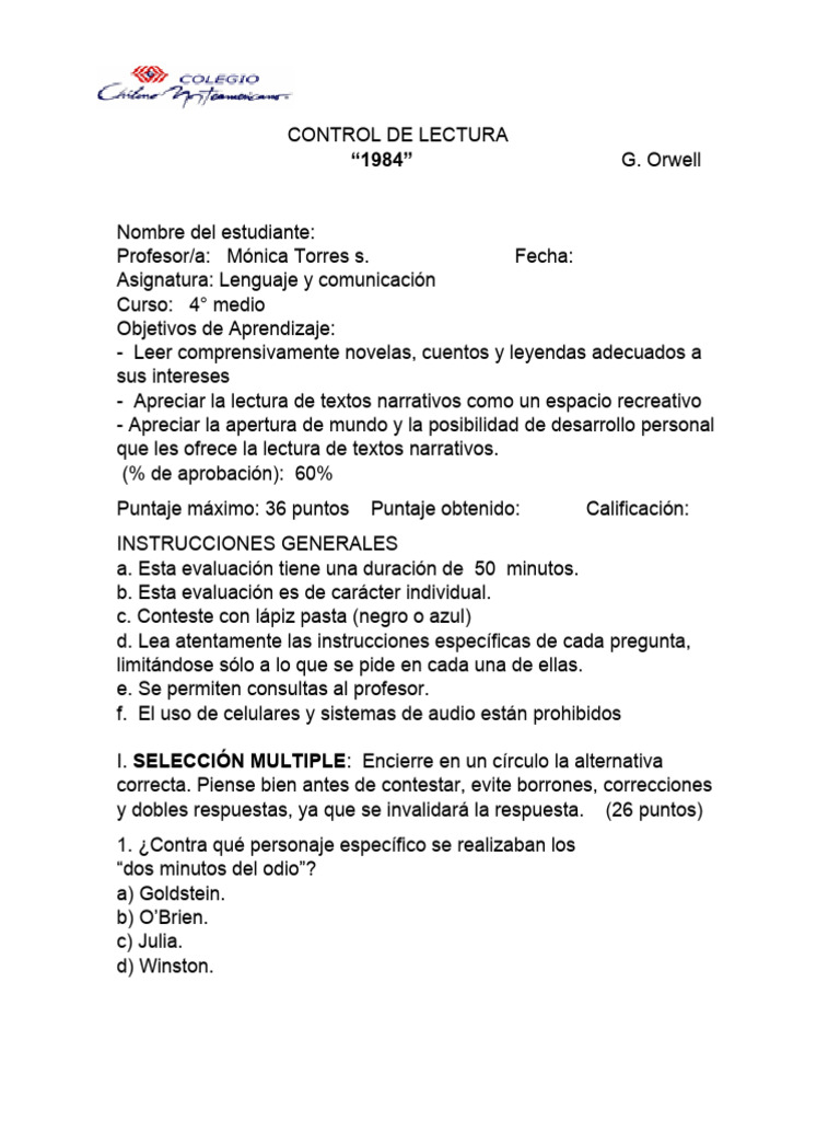 Control de Lectura 1984 Cuarto Medio | PDF