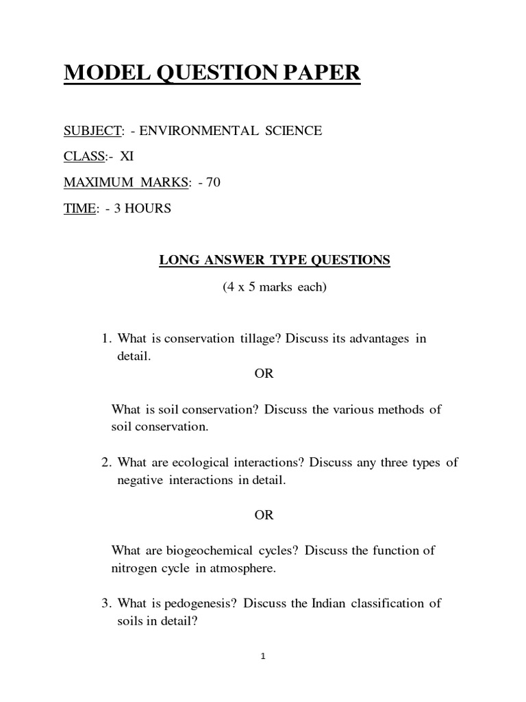 Environmental Science Modal Test Paper 11 TH | PDF | Ecology | Soil