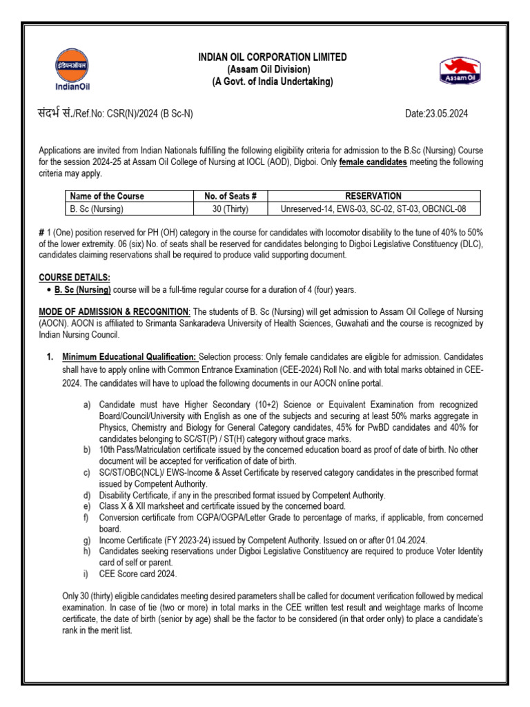 संदर्भ सं./Ref.No: CSR (N) /2024 (B Sc-N) Date:23.05.2024 | PDF | Business