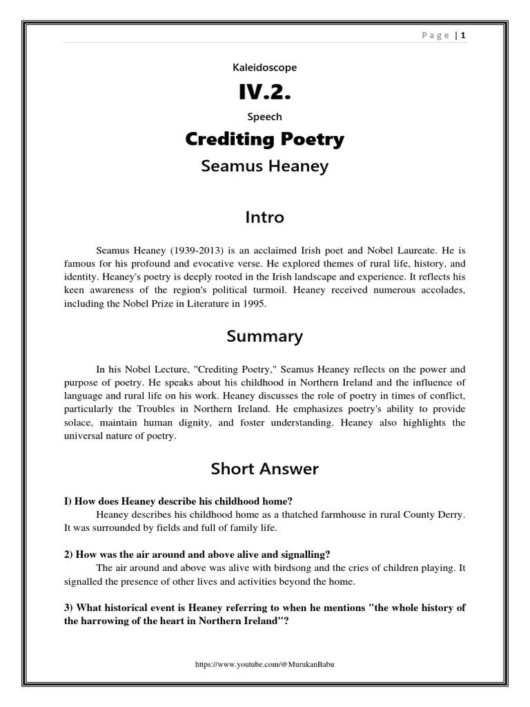 Seamus Heaney Complete Notes | PDF | Poetry