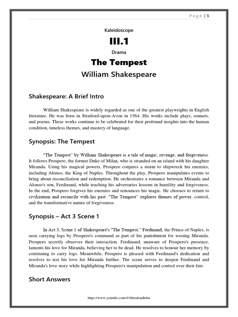 SHAKESPEARE The Tempest COMPLETE NOTES | PDF | The Tempest