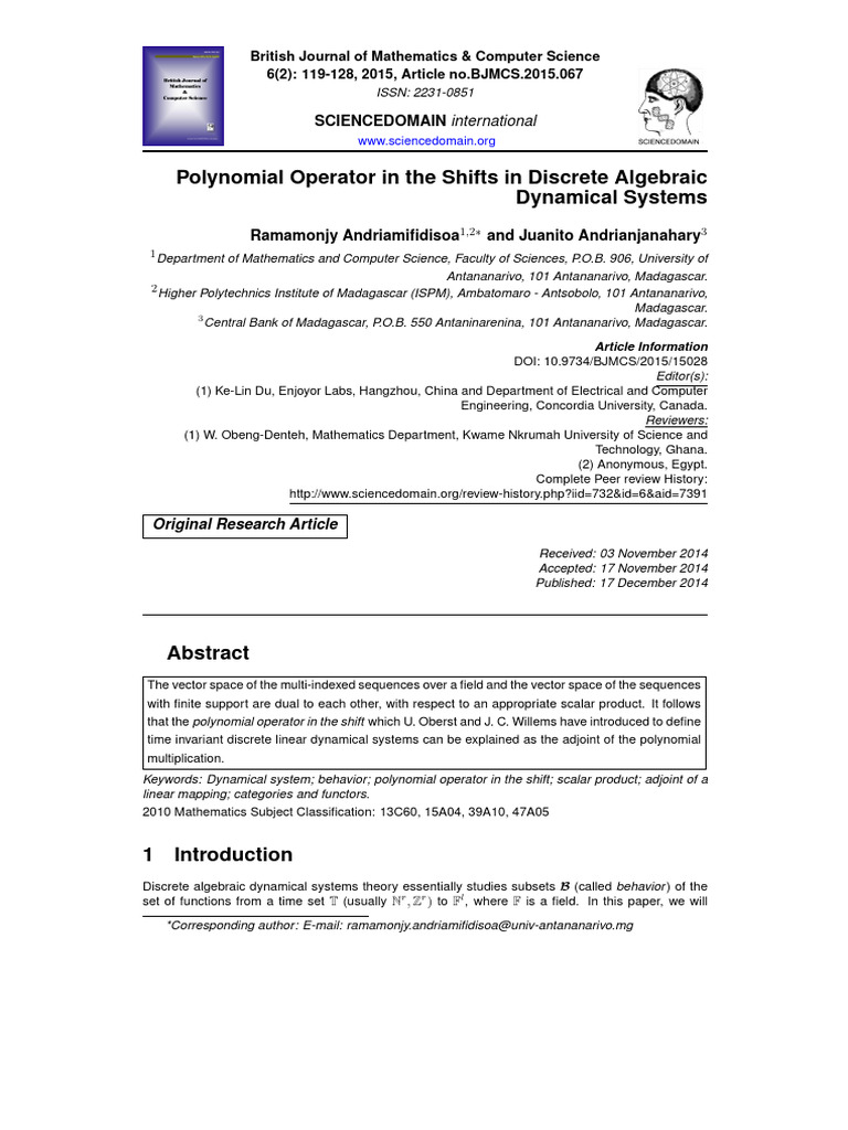 Polynomial Operator in The Shifts in Discrete Algebraic Dynamical ...