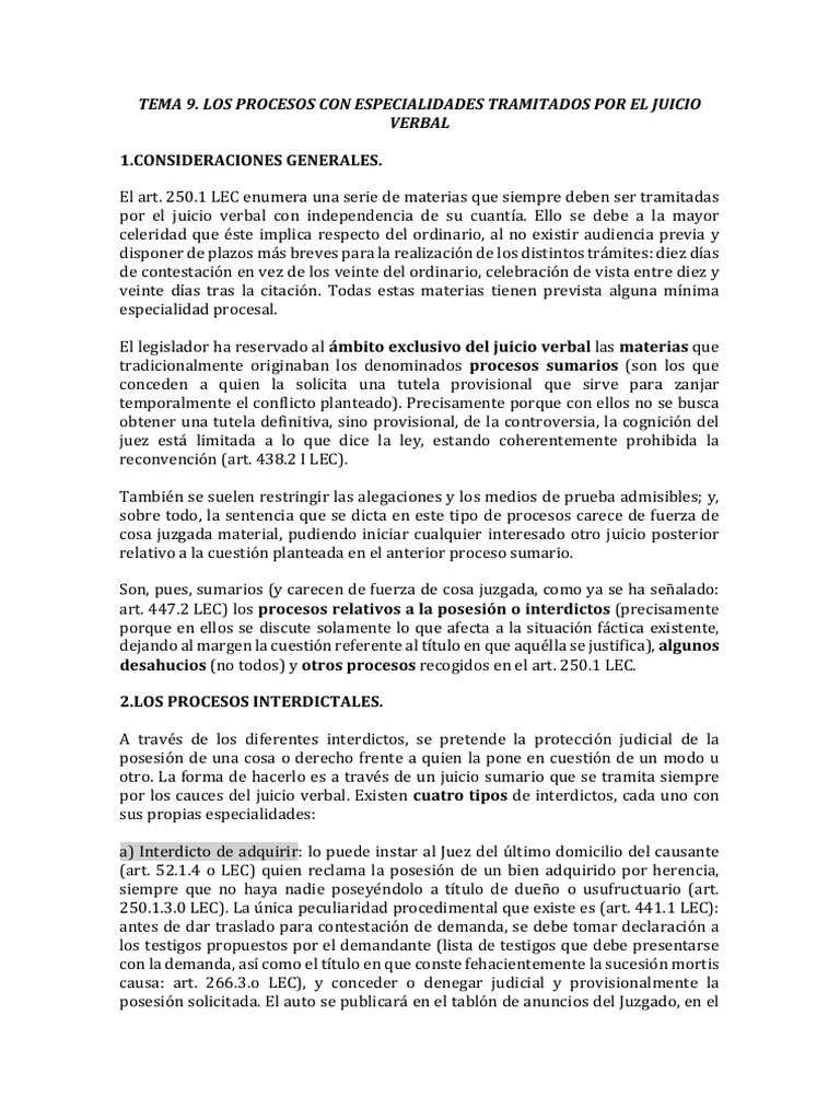 Tema 9. Derecho Procesal Civil II | PDF | Desalojo | Sentencia (ley)