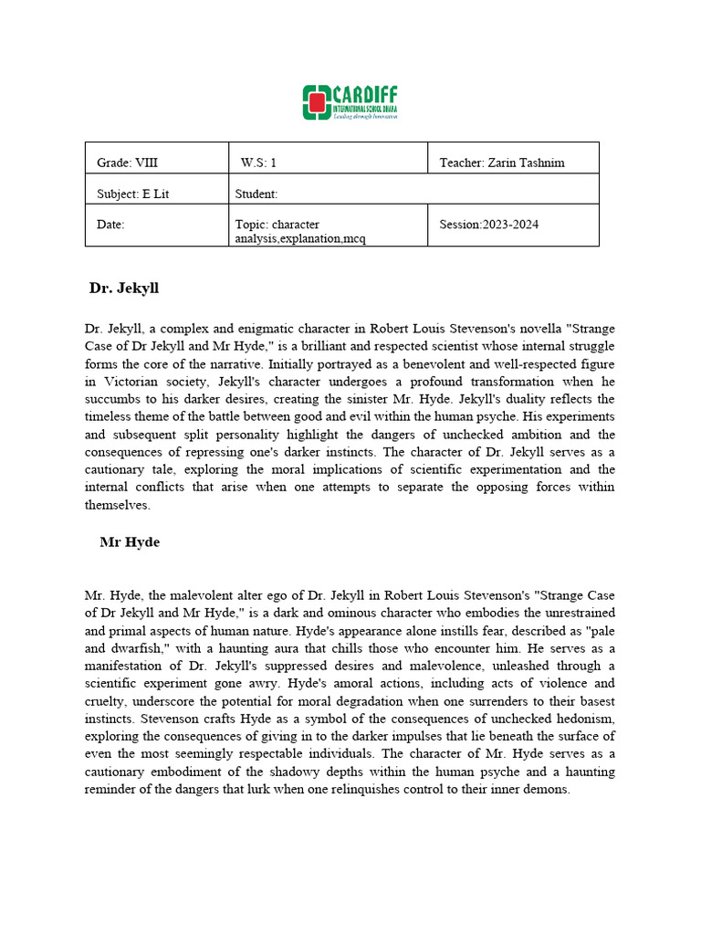 Character Analysis, Explanation, MCQ - Jekyll and Hyde | PDF | Dr ...