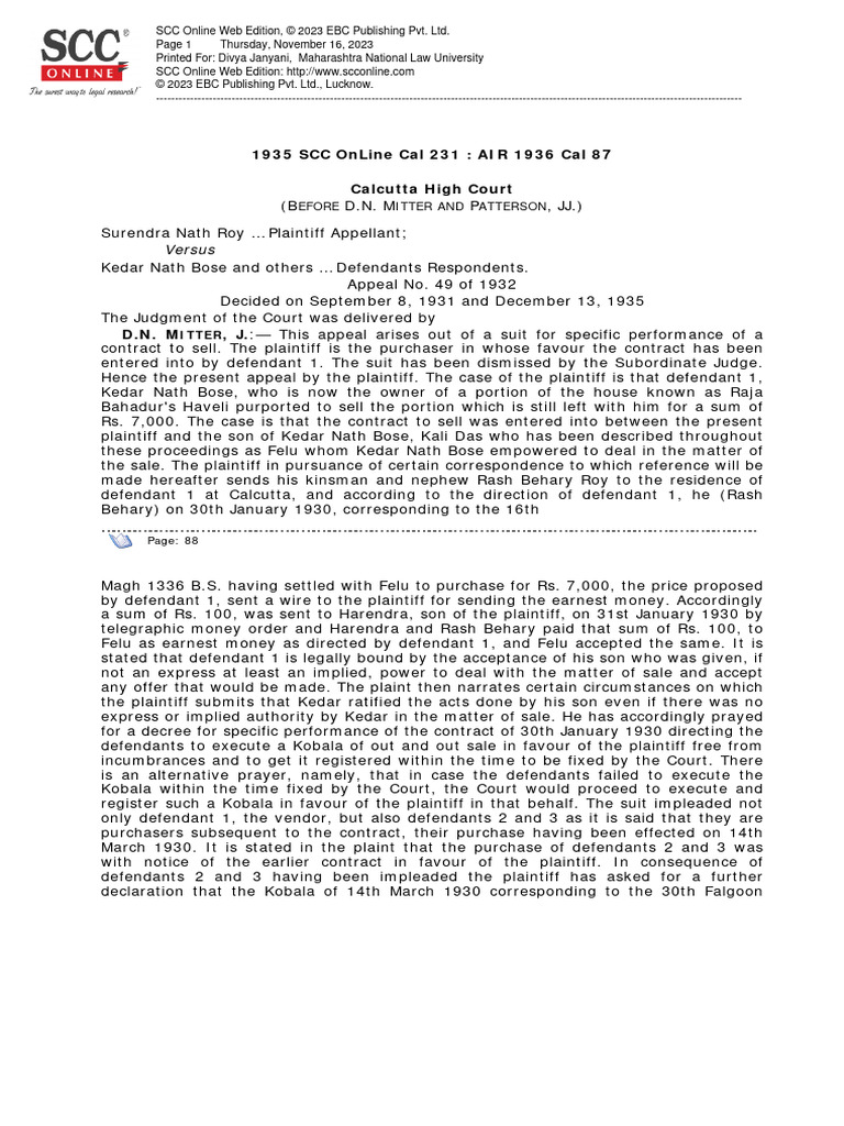Surendra Nath Roy v. Kedar Nath Bose | PDF | Lawsuit | Judgment (Law)