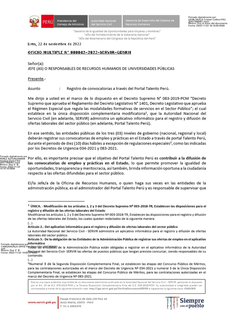 OFICIO MULTIPLE-000042-2022-SERVIR-GDSRH - Publicacion Talento Perú | PDF | Perú | Gobierno