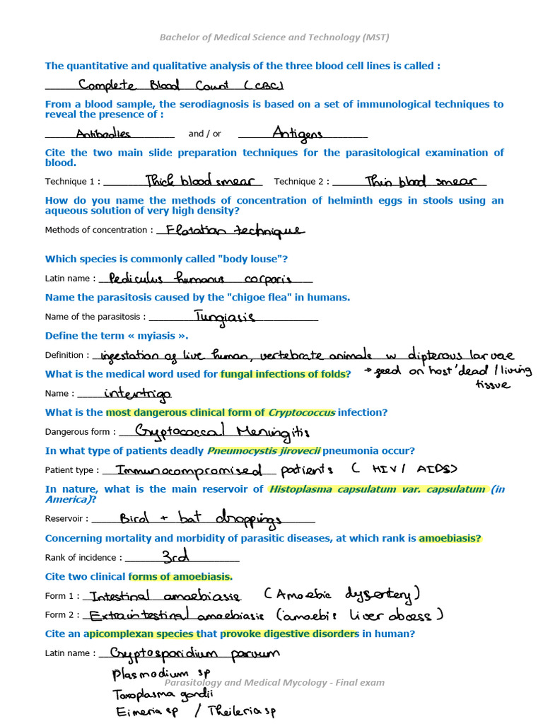 Parasitology and Mycology Exam Guide | PDF | Parasitism | Medical Specialties