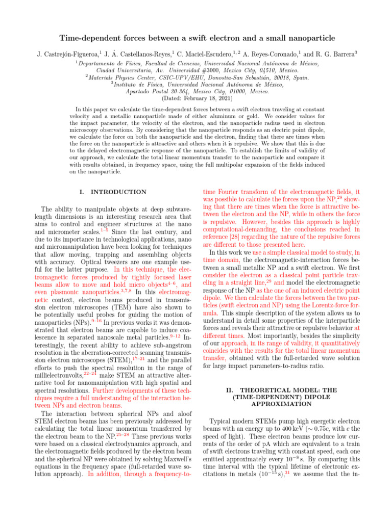 Time Dependent Forces Between a Swift Electron and a Small Nanoparticle ...