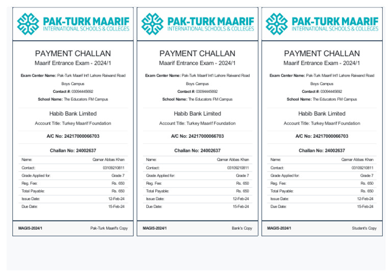 Payment Challan Payment Challan Payment Challan | PDF | Educational Organizations | Schools