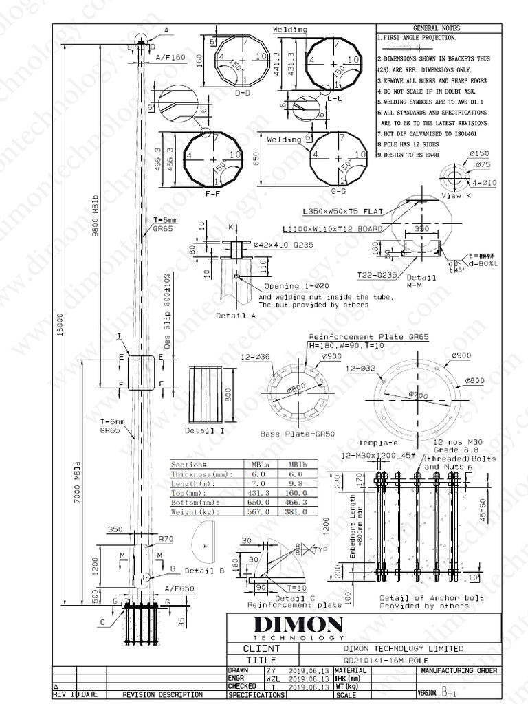 16m Lightning Column and Wind Load Design Report | PDF | Bending ...
