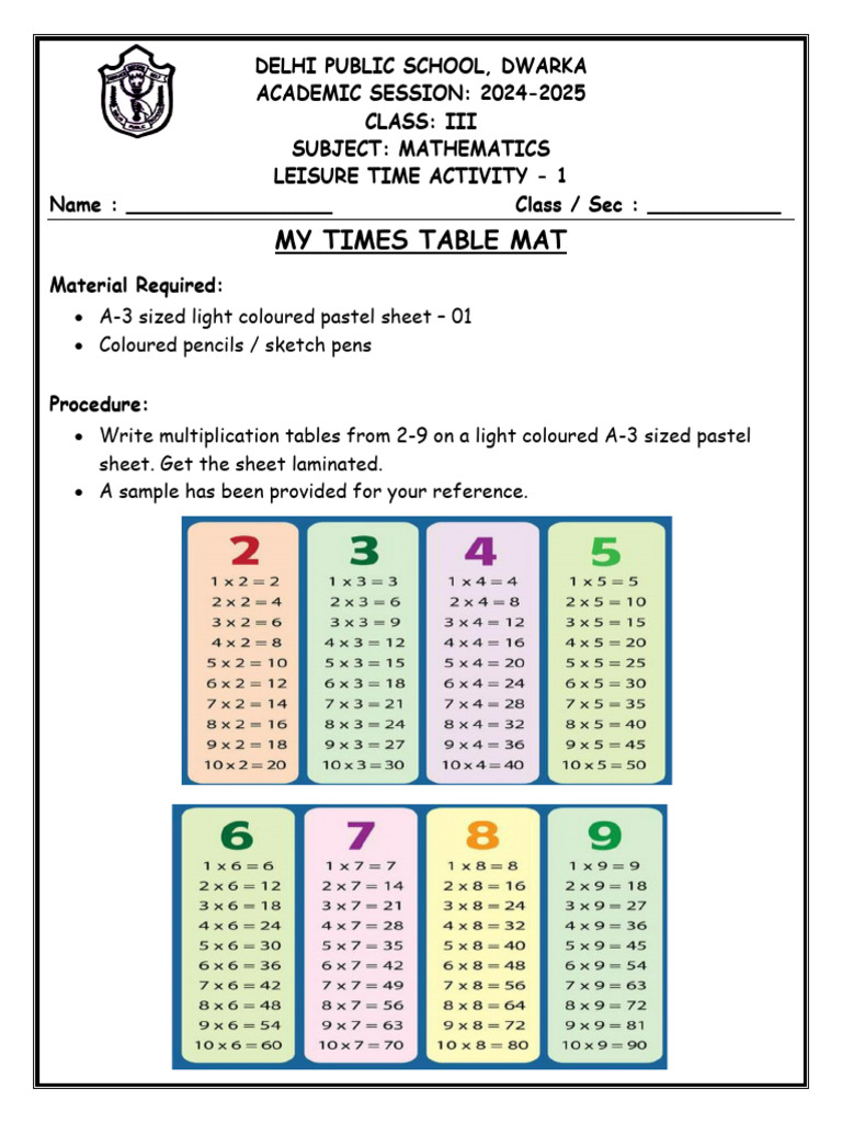 Class III Mathematics Leisure Time Activities (2024-2025) | PDF