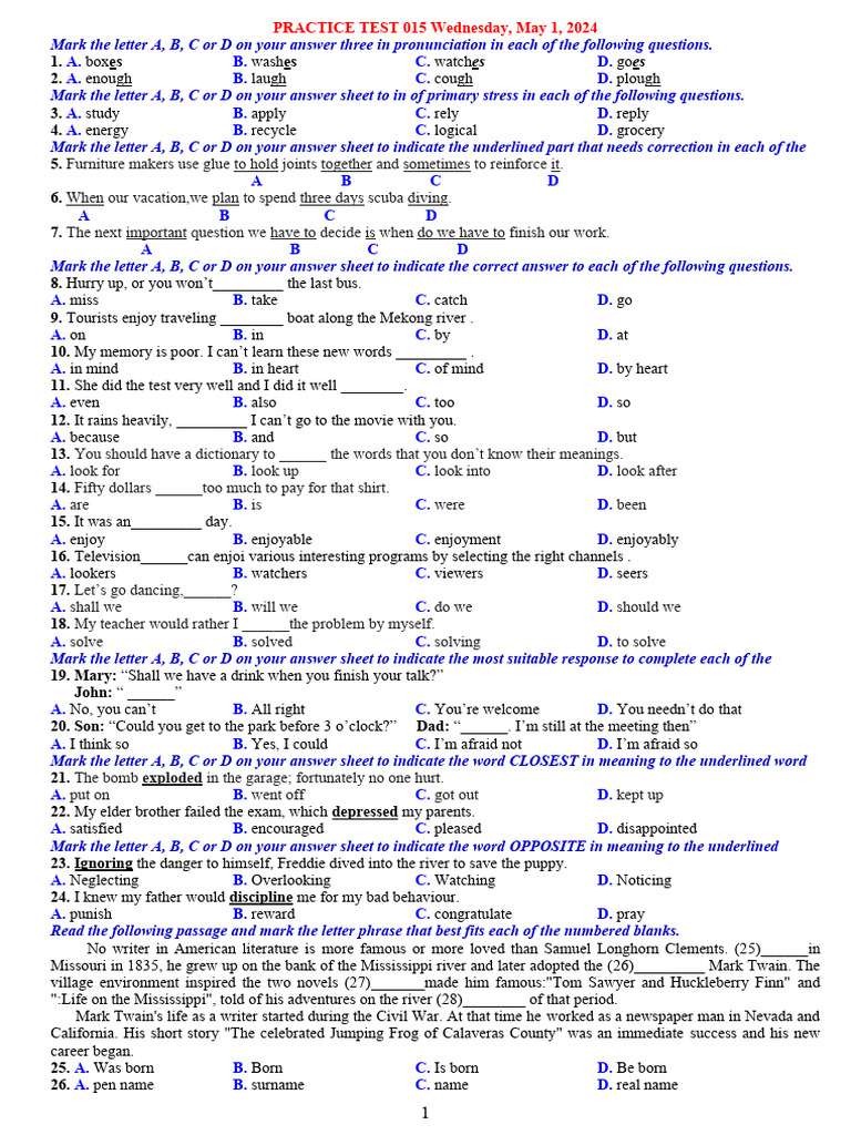 Và 16 Practice Test 015.2020 | PDF | Mark Twain