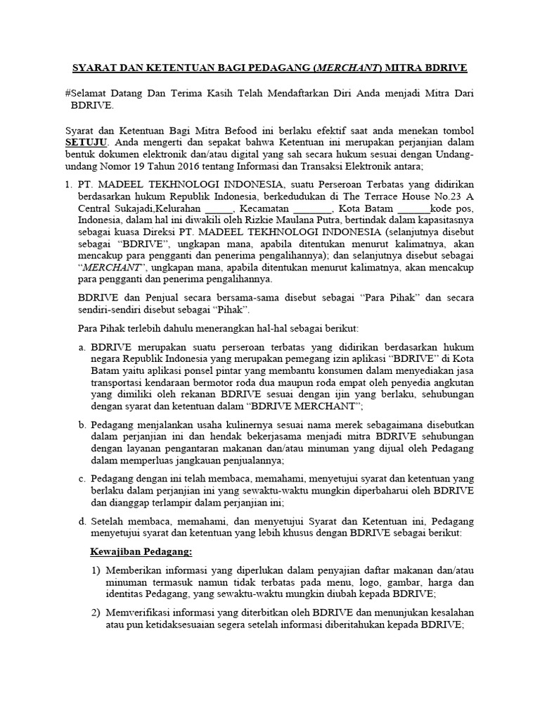 Syarat Dan Ketentuan (Merchant) Mitra Bdrive | PDF