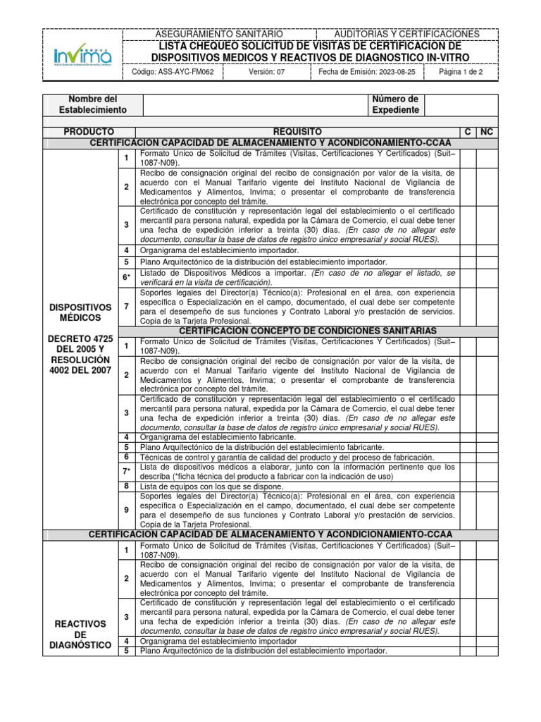 LISTA DE CHEQUEO INVIMA | Descargar gratis PDF | Dispositivo médico