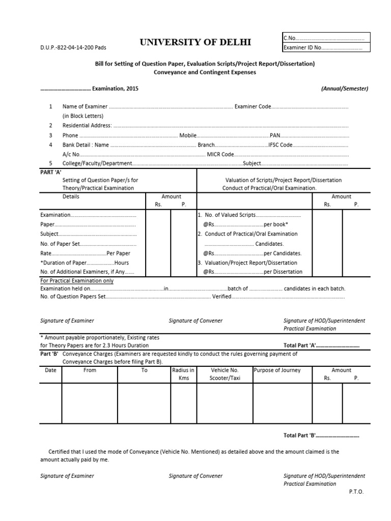 Bill For Setting of Question Paper, Evaluation Scripts and Practical ...