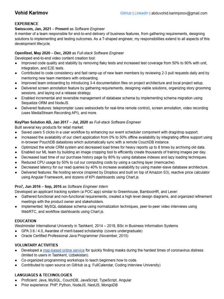 Vohid Karimov Resume | Download Free PDF | Databases | Software