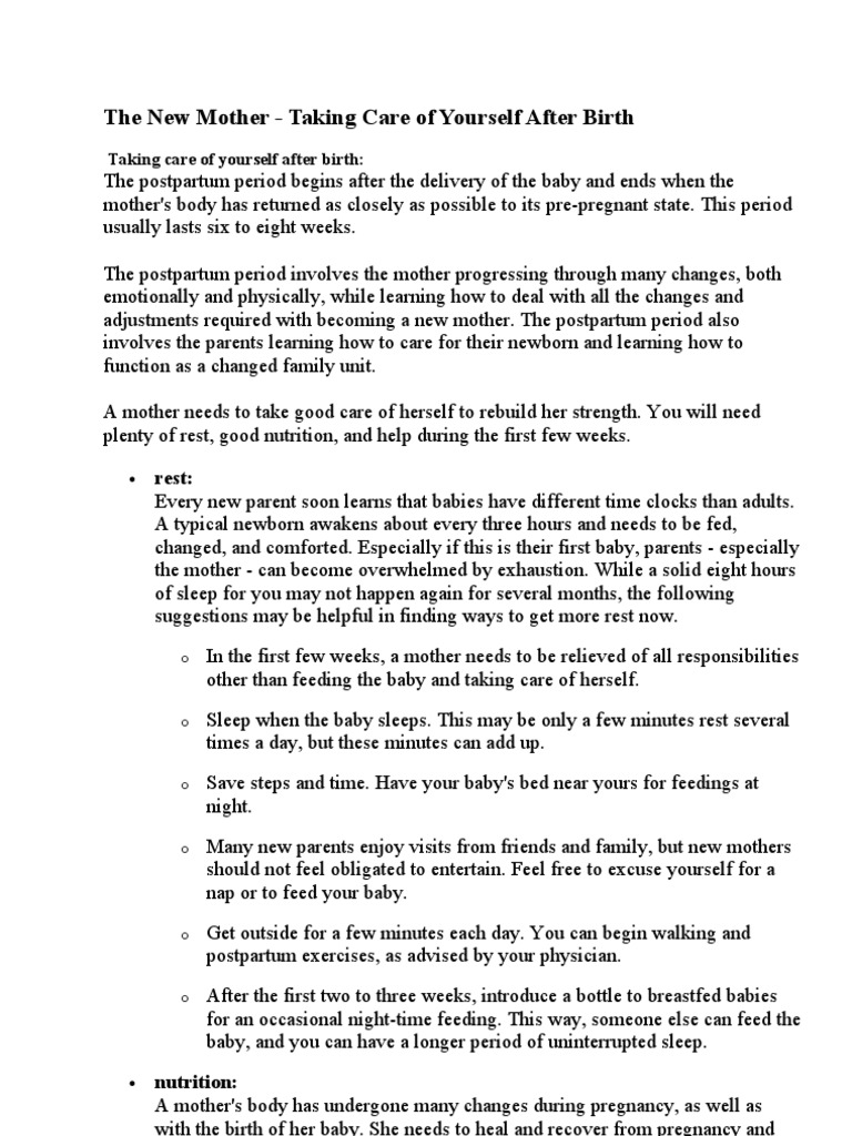 The New Mother - Taking Care of Yourself After Birth: Rest | PDF ...