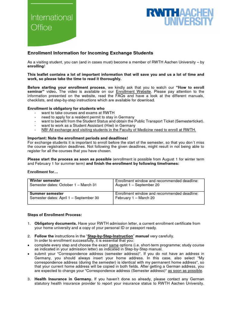 RWTH Aachen Enrollment Guide for Exchange Students | PDF | Fee | Banks