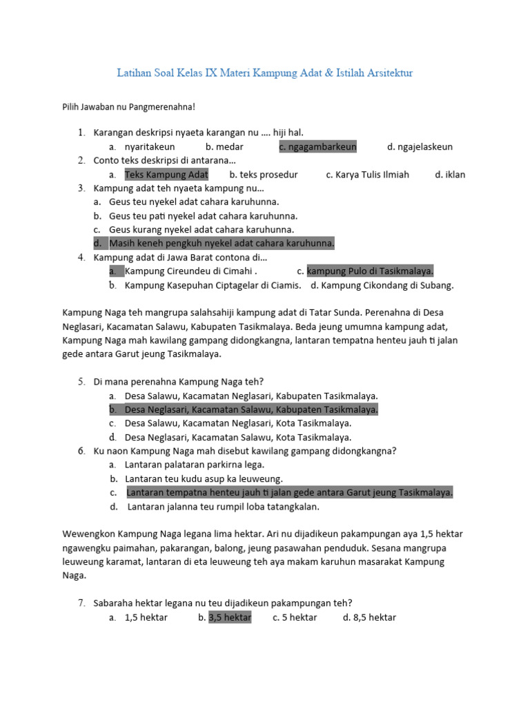 Latihan Soal Kelas IX Materi Kampung Adat | PDF