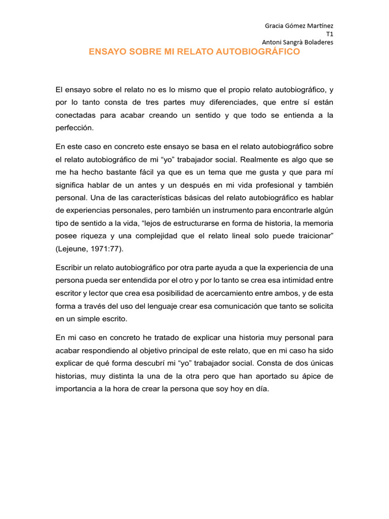 Ensayo Sobre Mi Relato Autobiográfico | PDF | Autobiografías | Ensayos
