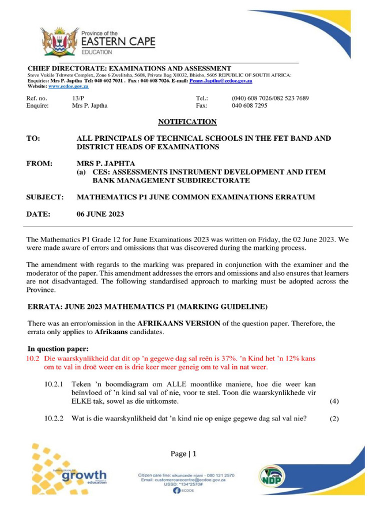 2023 Grade 12 Math June Paper 1 EC ERRATA | PDF